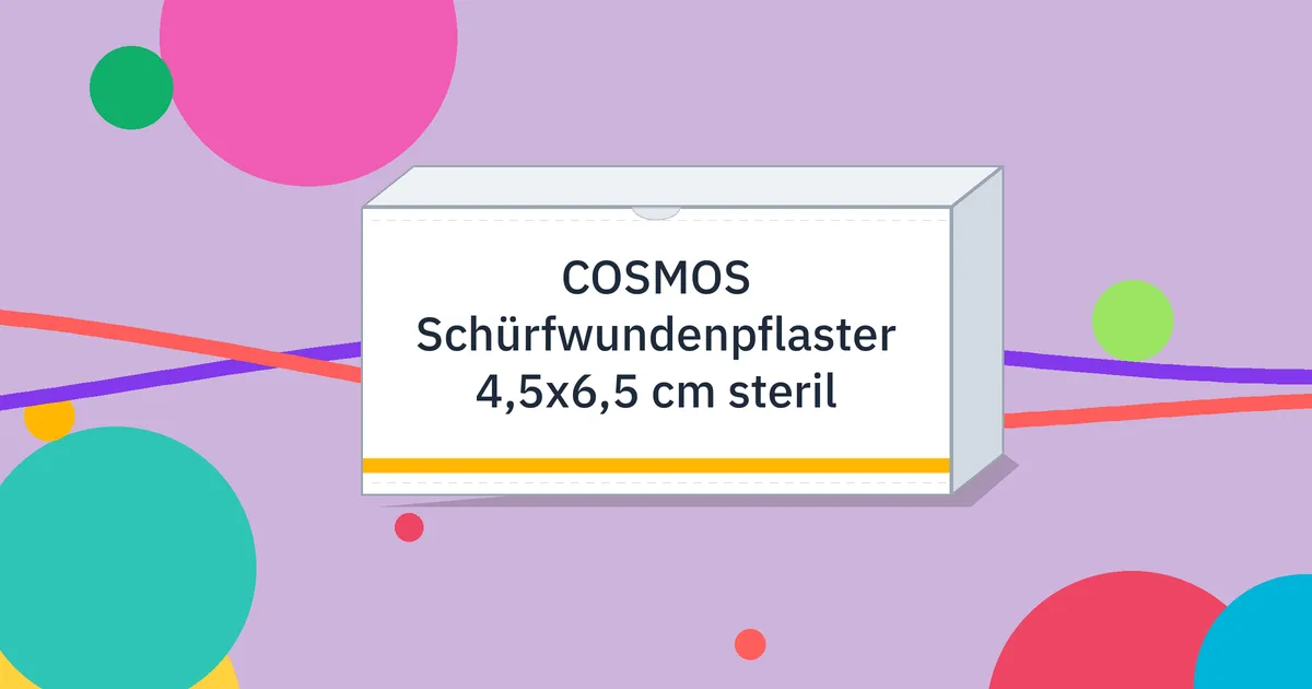 Symbolbild: Packung mit der Aufschrift COSMOS Schürfwundenpflaster 4,5x6,5 cm steril (PZN 16823063) – Verfügbarkeit und Bezug in Apotheken in Frankfurt am Main