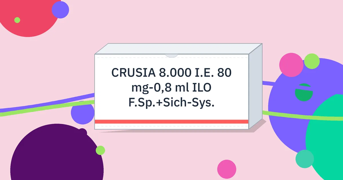 Symbolbild: Packung mit der Aufschrift CRUSIA 8.000 I.E. 80 mg-0,8 ml ILO F.Sp.+Sich-Sys. (PZN 15861854) – Verfügbarkeit und Bezug in Apotheken in Frankfurt am Main