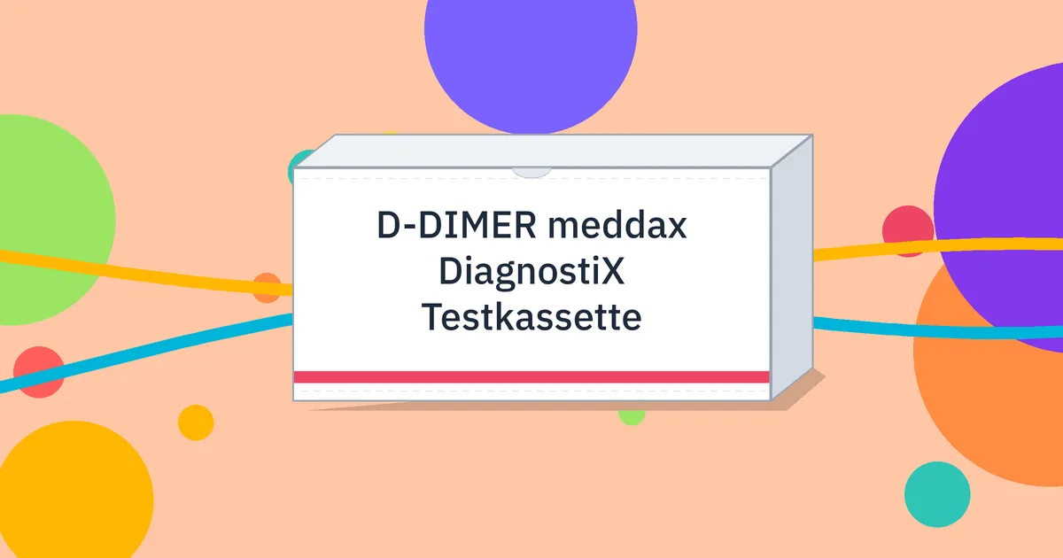 Symbolbild: Packung mit der Aufschrift D-DIMER meddax DiagnostiX Testkassette (PZN 16332483) – Verfügbarkeit und Bezug in Apotheken in Frankfurt am Main