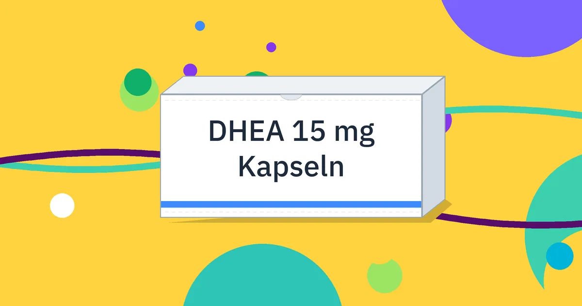Symbolbild: Packung mit der Aufschrift DHEA 15 mg Kapseln (PZN 18471734) – Verfügbarkeit und Bezug in Apotheken in Frankfurt am Main