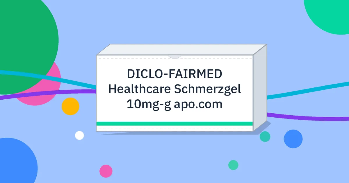 Symbolbild: Packung mit der Aufschrift DICLO-FAIRMED Healthcare Schmerzgel 10mg-g apo.com (PZN 18204252) – Verfügbarkeit und Bezug in Apotheken in Frankfurt am Main