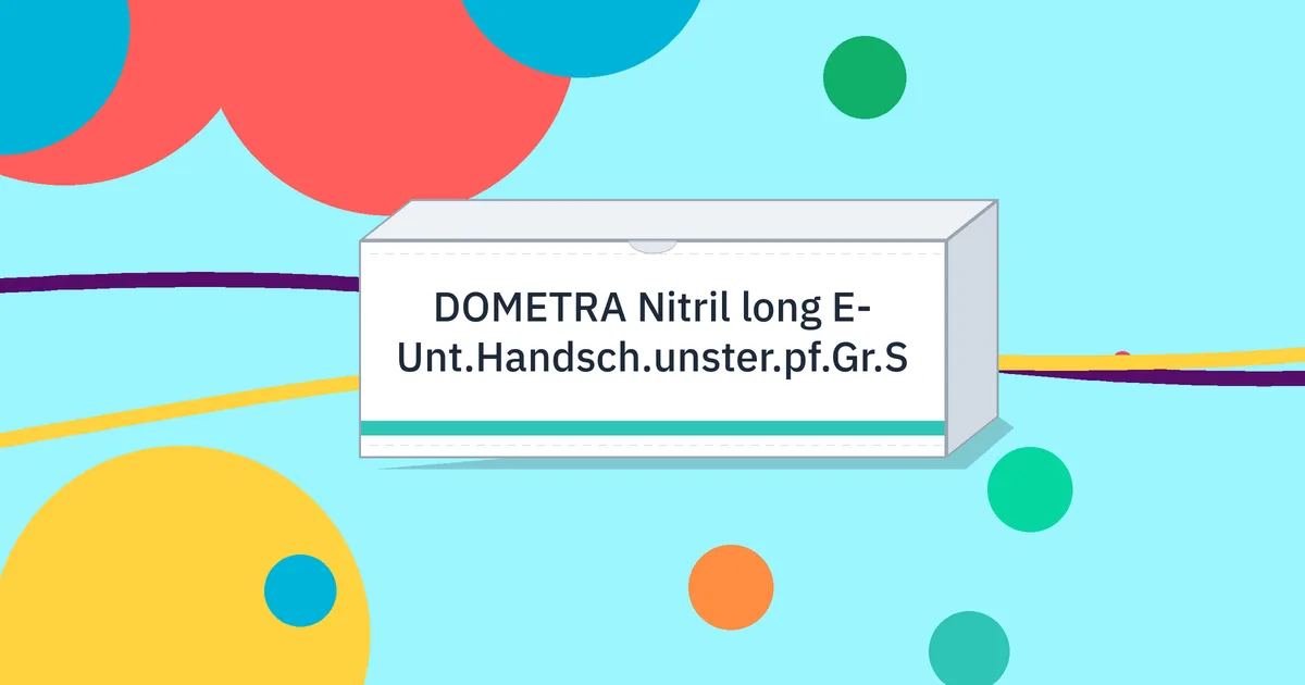 Symbolbild: Packung mit der Aufschrift DOMETRA Nitril long E-Unt.Handsch.unster.pf.Gr.S (PZN 12455705) – Verfügbarkeit und Bezug in Apotheken in Frankfurt am Main