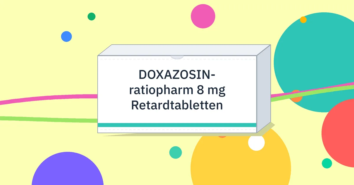 Symbolbild: Packung mit der Aufschrift DOXAZOSIN-ratiopharm 8 mg Retardtabletten (PZN 09755970) – Verfügbarkeit und Bezug in Apotheken in Frankfurt am Main