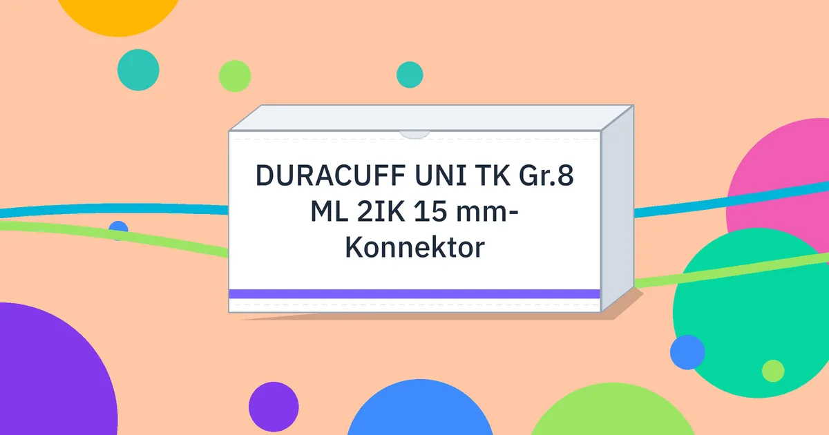 Symbolbild: Packung mit der Aufschrift DURACUFF UNI TK Gr.8 ML 2IK 15 mm-Konnektor (PZN 01222760) – Verfügbarkeit und Bezug in Apotheken in Frankfurt am Main