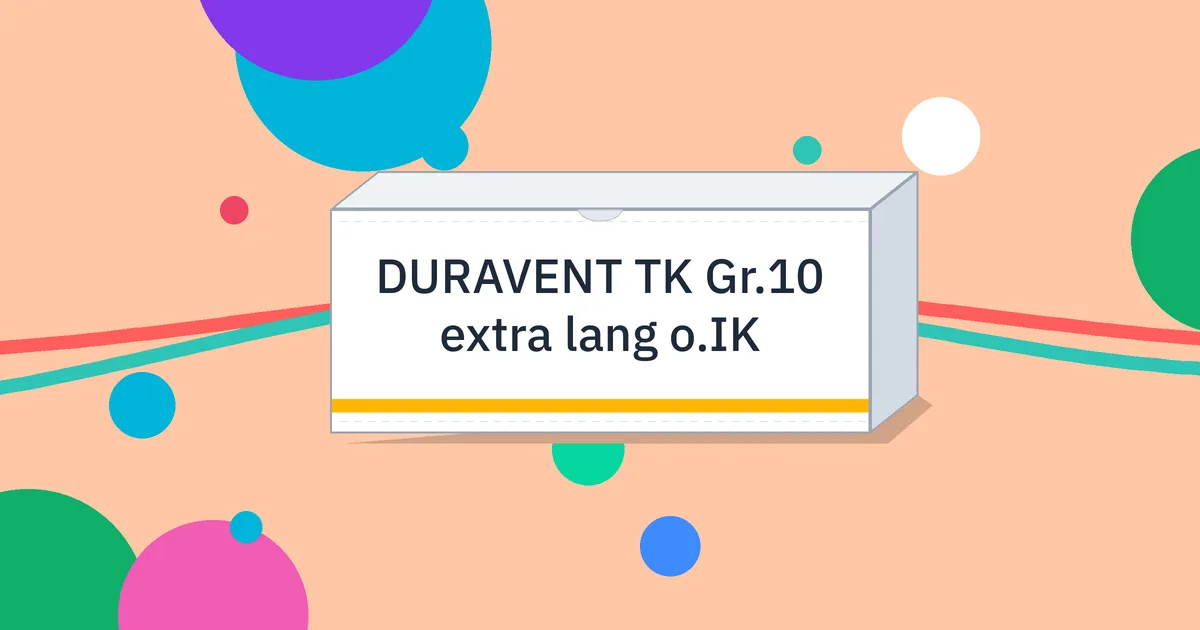 Symbolbild: Packung mit der Aufschrift DURAVENT TK Gr.10 extra lang o.IK (PZN 04463582) – Verfügbarkeit und Bezug in Apotheken in Frankfurt am Main