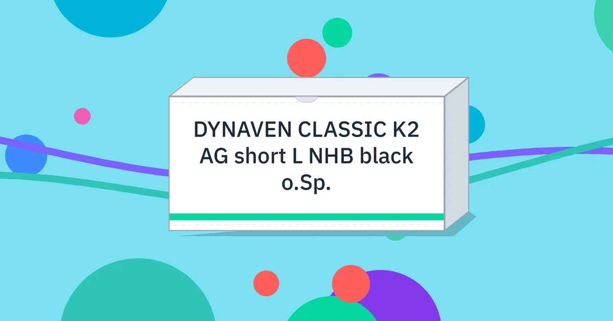 Symbolbild: Packung mit der Aufschrift DYNAVEN CLASSIC K2 AG short L NHB black o.Sp. (PZN 18418289) – Verfügbarkeit und Bezug in Apotheken in Frankfurt am Main