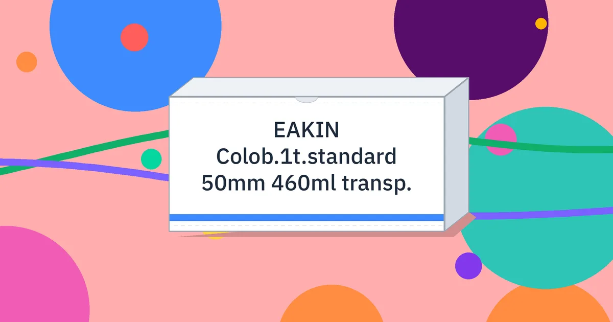 Symbolbild: Packung mit der Aufschrift EAKIN Colob.1t.standard 50mm 460ml transp. (PZN 09642438) – Verfügbarkeit und Bezug in Apotheken in Frankfurt am Main