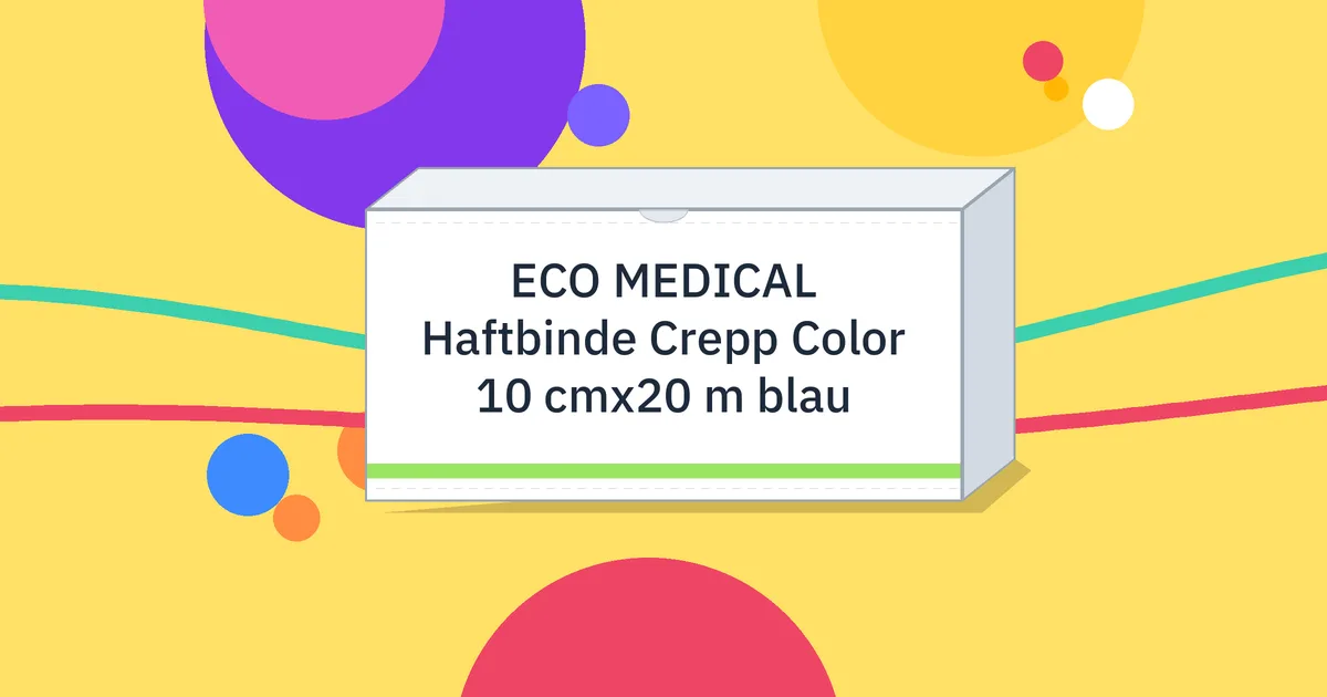Symbolbild: Packung mit der Aufschrift ECO MEDICAL Haftbinde Crepp Color 10 cmx20 m blau (PZN 00747696) – Verfügbarkeit und Bezug in Apotheken in Frankfurt am Main