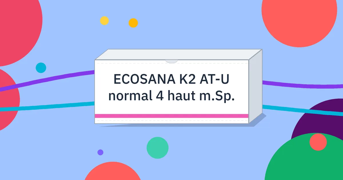 Symbolbild: Packung mit der Aufschrift ECOSANA K2 AT-U normal 4 haut m.Sp. (PZN 01576920) – Verfügbarkeit und Bezug in Apotheken in Frankfurt am Main