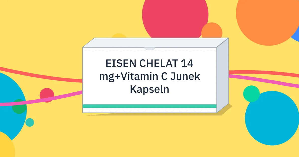 Symbolbild: Packung mit der Aufschrift EISEN CHELAT 14 mg+Vitamin C Junek Kapseln (PZN 10082281) – Verfügbarkeit und Bezug in Apotheken in Frankfurt am Main