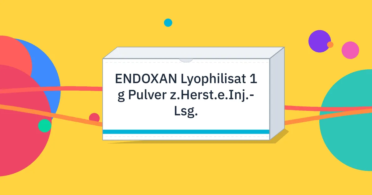 Symbolbild: Packung mit der Aufschrift ENDOXAN Lyophilisat 1 g Pulver z.Herst.e.Inj.-Lsg. (PZN 11352481) – Verfügbarkeit und Bezug in Apotheken in Frankfurt am Main
