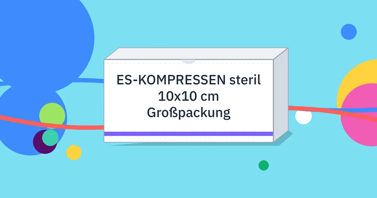 Symbolbild: Packung mit der Aufschrift ES-KOMPRESSEN steril 10x10 cm Großpackung (PZN 14306837) – Verfügbarkeit und Bezug in Apotheken in Frankfurt am Main