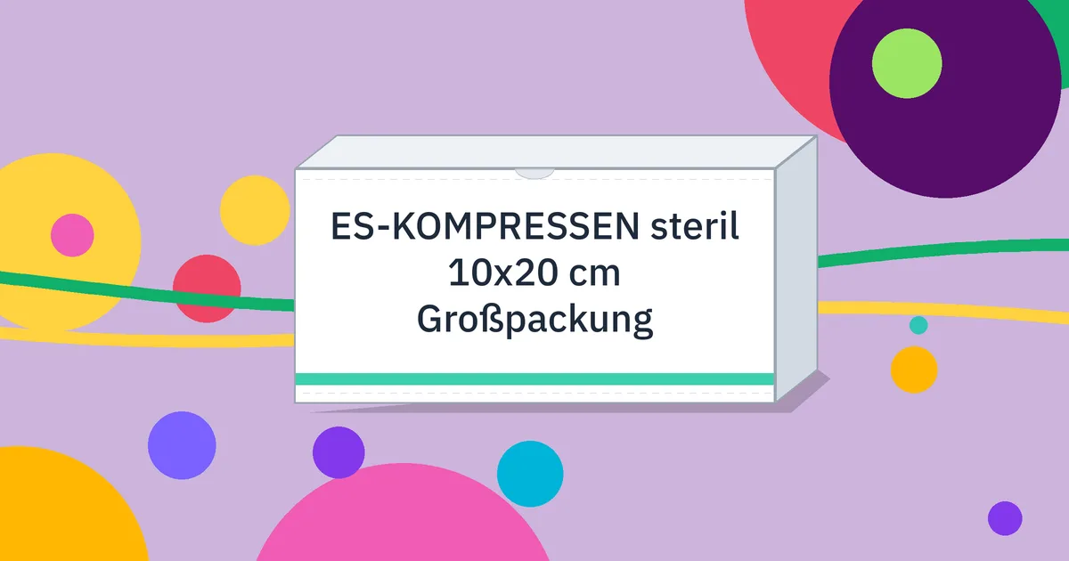 Symbolbild: Packung mit der Aufschrift ES-KOMPRESSEN steril 10x20 cm Großpackung (PZN 19700562) – Verfügbarkeit und Bezug in Apotheken in Frankfurt am Main