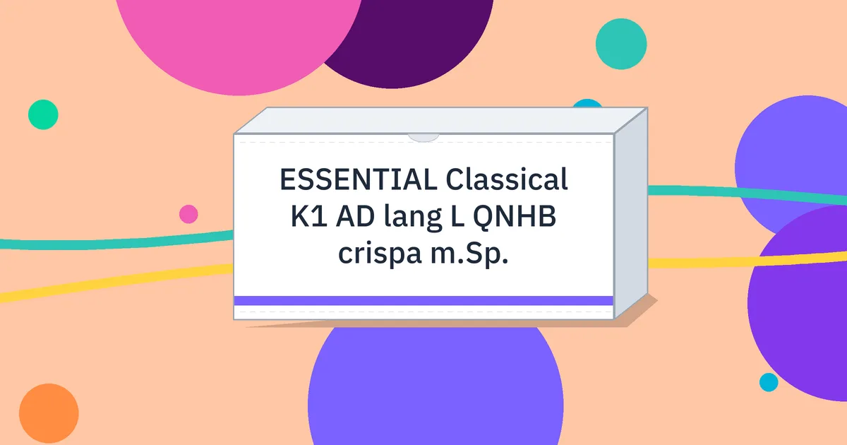 Symbolbild: Packung mit der Aufschrift ESSENTIAL Classical K1 AD lang L QNHB crispa m.Sp. (PZN 18867001) – Verfügbarkeit und Bezug in Apotheken in Frankfurt am Main