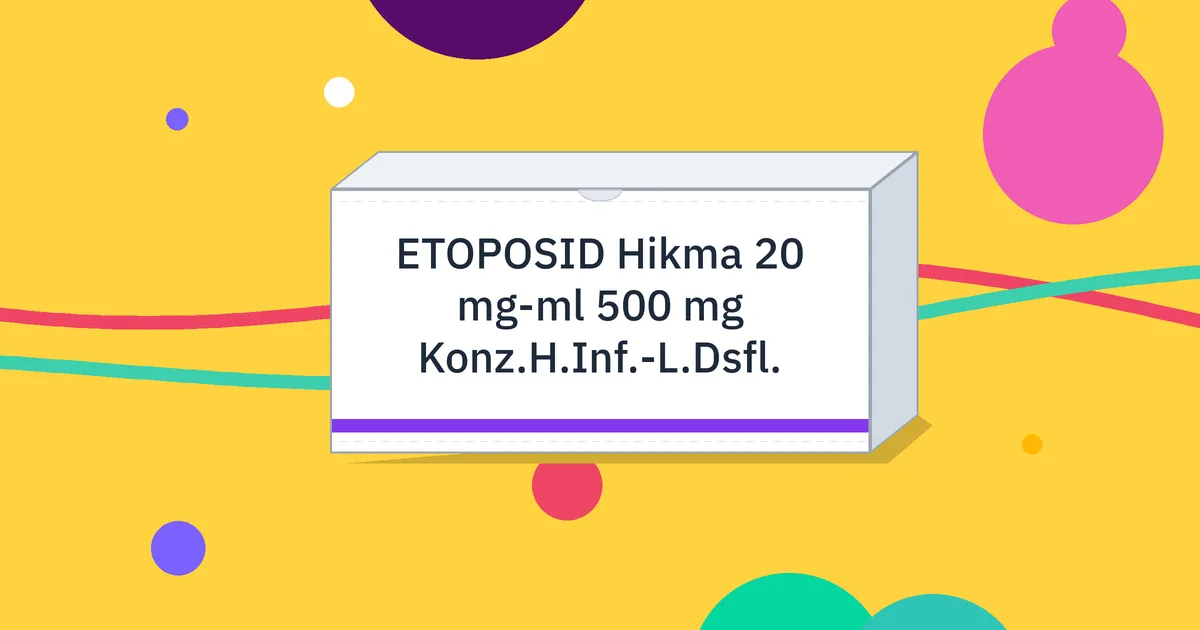 Symbolbild: Packung mit der Aufschrift ETOPOSID Hikma 20 mg-ml 500 mg Konz.H.Inf.-L.Dsfl. (PZN 18021853) – Verfügbarkeit und Bezug in Apotheken in Frankfurt am Main