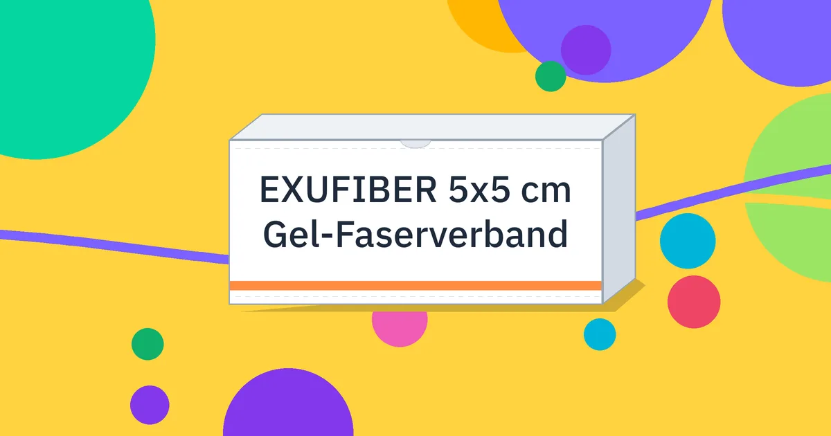 Symbolbild: Packung mit der Aufschrift EXUFIBER 5x5 cm Gel-Faserverband (PZN 17434257) – Verfügbarkeit und Bezug in Apotheken in Frankfurt am Main