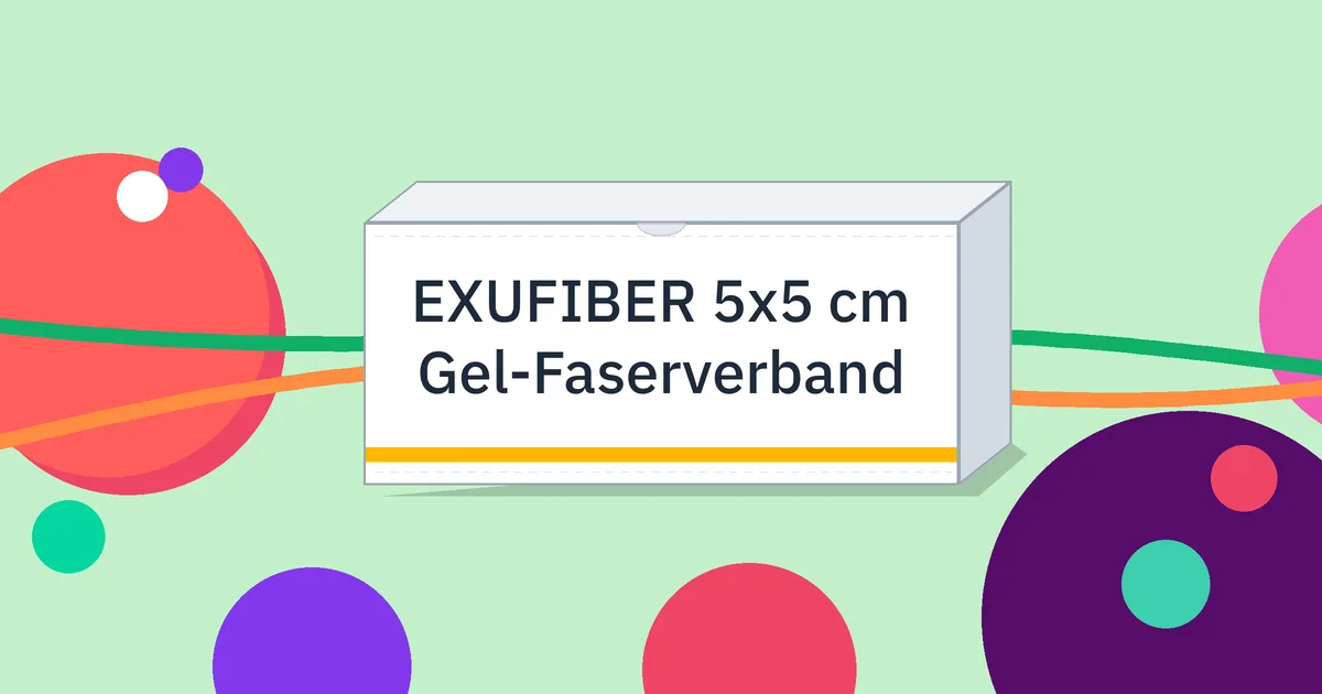 Symbolbild: Packung mit der Aufschrift EXUFIBER 5x5 cm Gel-Faserverband (PZN 19542382) – Verfügbarkeit und Bezug in Apotheken in Frankfurt am Main
