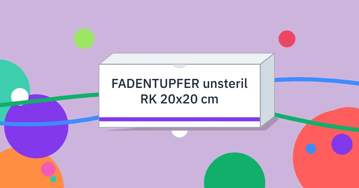 Symbolbild: Packung mit der Aufschrift FADENTUPFER unsteril RK 20x20 cm (PZN 12390911) – Verfügbarkeit und Bezug in Apotheken in Frankfurt am Main