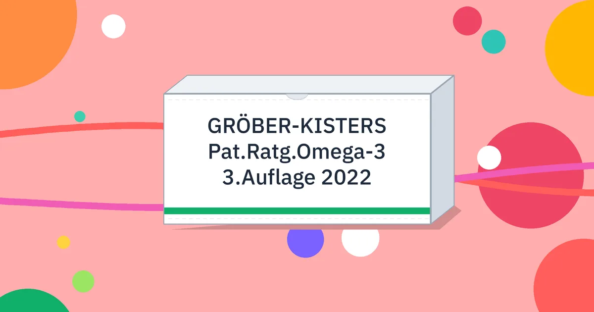 Symbolbild: Packung mit der Aufschrift GRÖBER-KISTERS Pat.Ratg.Omega-3 3.Auflage 2022 (PZN 17971110) – Verfügbarkeit und Bezug in Apotheken in Frankfurt am Main