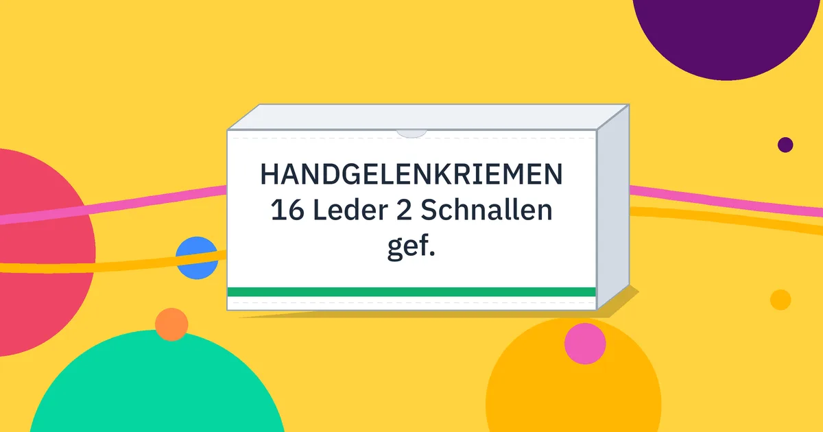 Symbolbild: Packung mit der Aufschrift HANDGELENKRIEMEN 16 Leder 2 Schnallen gef. (PZN 01727454) – Verfügbarkeit und Bezug in Apotheken in Frankfurt am Main