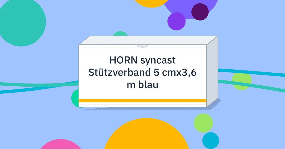 Symbolbild: Packung mit der Aufschrift HORN syncast Stützverband 5 cmx3,6 m blau (PZN 04676444) – Verfügbarkeit und Bezug in Apotheken in Frankfurt am Main