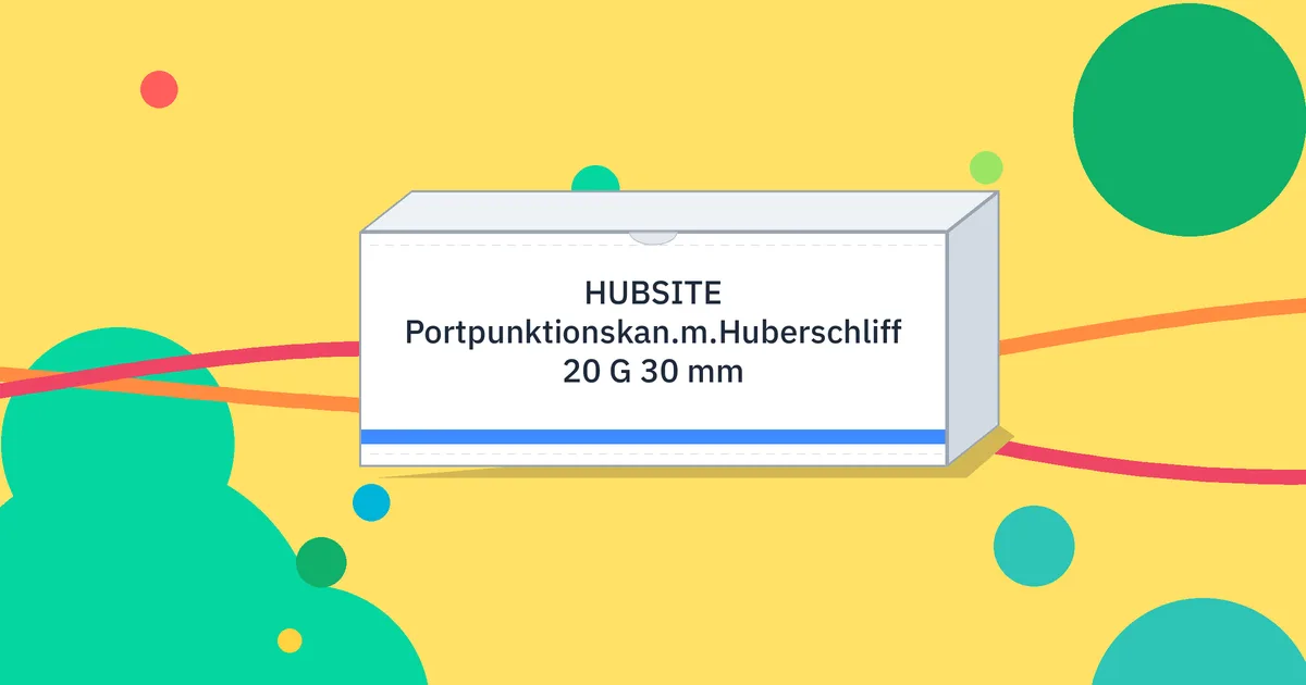 Symbolbild: Packung mit der Aufschrift HUBSITE Portpunktionskan.m.Huberschliff 20 G 30 mm (PZN 14322115) – Verfügbarkeit und Bezug in Apotheken in Frankfurt am Main