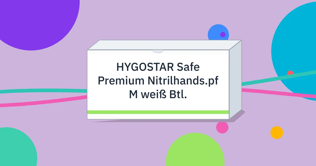 Symbolbild: Packung mit der Aufschrift HYGOSTAR Safe Premium Nitrilhands.pf M weiß Btl. (PZN 20773589) – Verfügbarkeit und Bezug in Apotheken in Frankfurt am Main