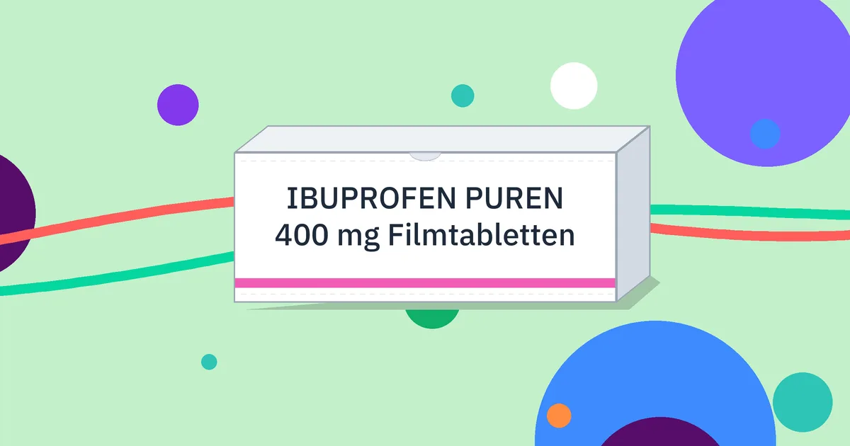 Symbolbild: Packung mit der Aufschrift IBUPROFEN PUREN 400 mg Filmtabletten (PZN 13816677) – Verfügbarkeit und Bezug in Apotheken in Frankfurt am Main