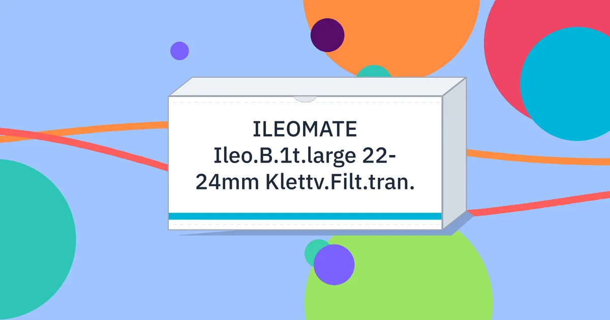 Symbolbild: Packung mit der Aufschrift ILEOMATE Ileo.B.1t.large 22-24mm Klettv.Filt.tran. (PZN 09175505) – Verfügbarkeit und Bezug in Apotheken in Frankfurt am Main