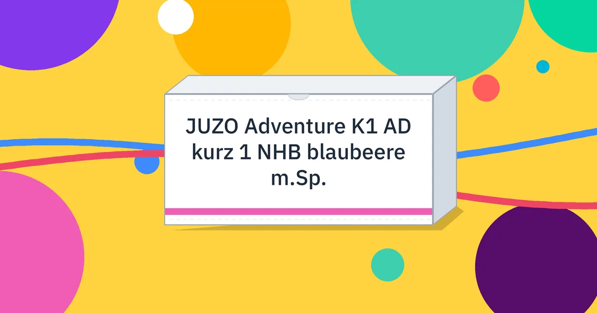 Symbolbild: Packung mit der Aufschrift JUZO Adventure K1 AD kurz 1 NHB blaubeere m.Sp. (PZN 16346545) – Verfügbarkeit und Bezug in Apotheken in Frankfurt am Main