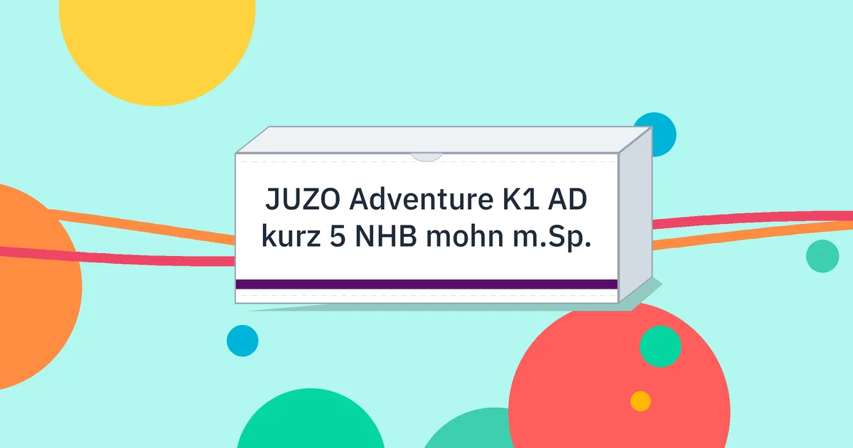 Symbolbild: Packung mit der Aufschrift JUZO Adventure K1 AD kurz 5 NHB mohn m.Sp. (PZN 14975277) – Verfügbarkeit und Bezug in Apotheken in Frankfurt am Main