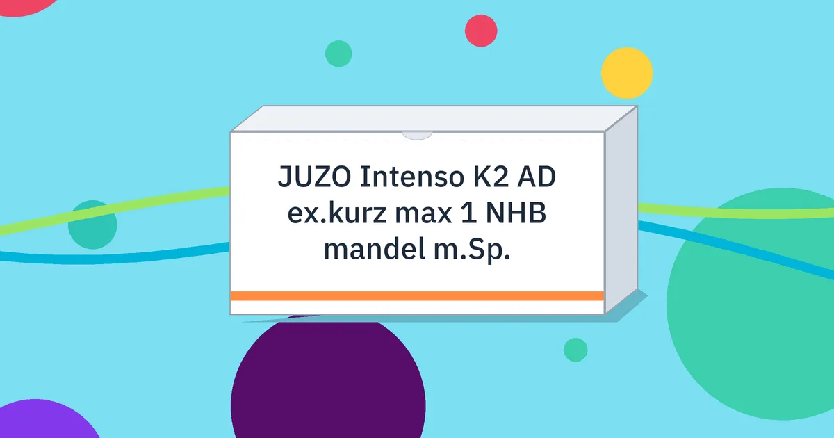 Symbolbild: Packung mit der Aufschrift JUZO Intenso K2 AD ex.kurz max 1 NHB mandel m.Sp. (PZN 18610495) – Verfügbarkeit und Bezug in Apotheken in Frankfurt am Main