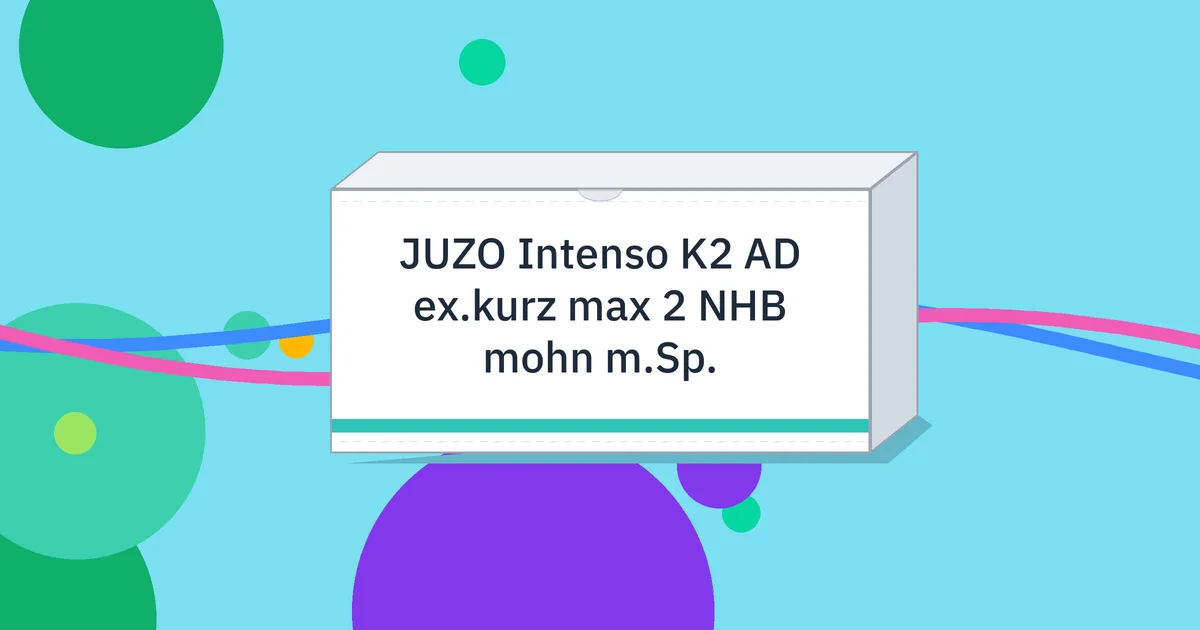 Symbolbild: Packung mit der Aufschrift JUZO Intenso K2 AD ex.kurz max 2 NHB mohn m.Sp. (PZN 18610578) – Verfügbarkeit und Bezug in Apotheken in Frankfurt am Main