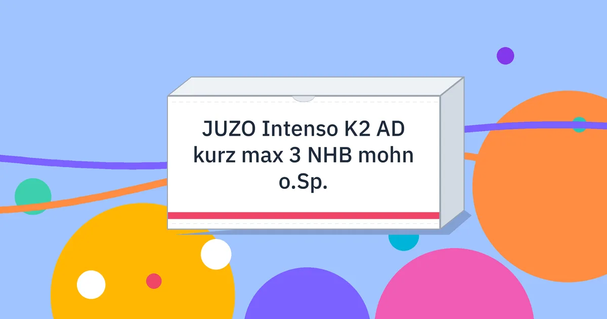 Symbolbild: Packung mit der Aufschrift JUZO Intenso K2 AD kurz max 3 NHB mohn o.Sp. (PZN 18622877) – Verfügbarkeit und Bezug in Apotheken in Frankfurt am Main