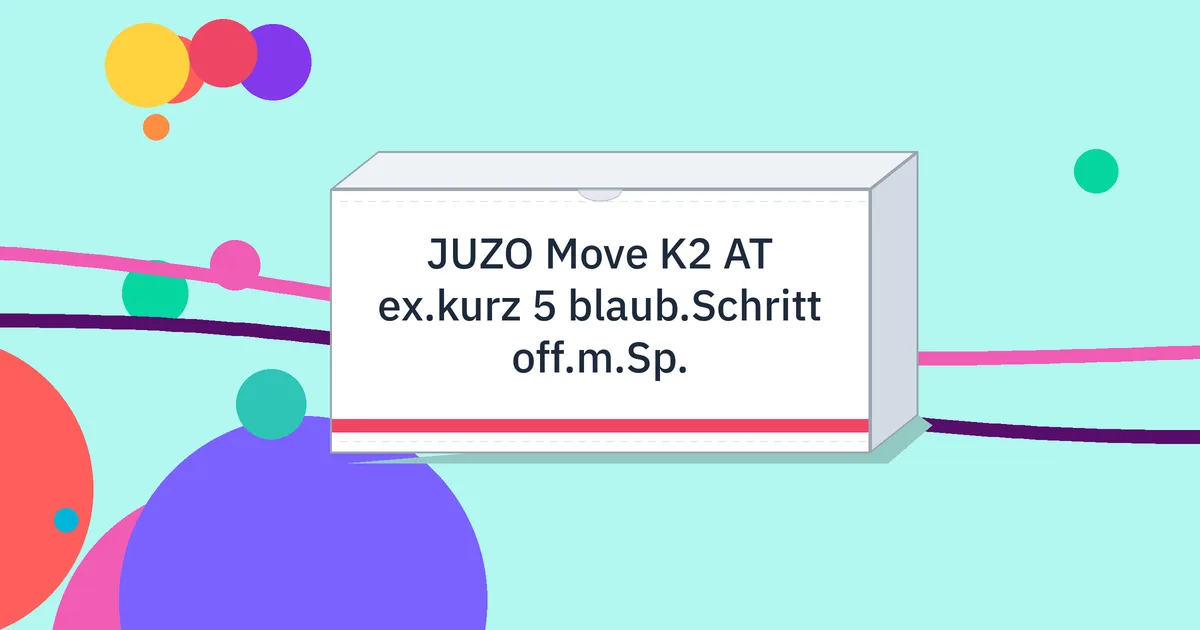 Symbolbild: Packung mit der Aufschrift JUZO Move K2 AT ex.kurz 5 blaub.Schritt off.m.Sp. (PZN 20671363) – Verfügbarkeit und Bezug in Apotheken in Frankfurt am Main