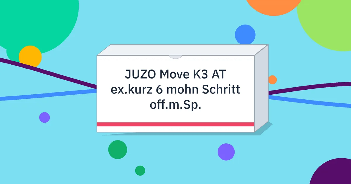 Symbolbild: Packung mit der Aufschrift JUZO Move K3 AT ex.kurz 6 mohn Schritt off.m.Sp. (PZN 20680801) – Verfügbarkeit und Bezug in Apotheken in Frankfurt am Main