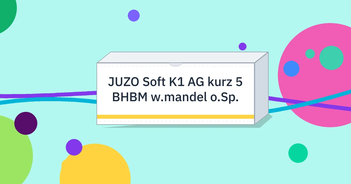 Symbolbild: Packung mit der Aufschrift JUZO Soft K1 AG kurz 5 BHBM w.mandel o.Sp. (PZN 14865755) – Verfügbarkeit und Bezug in Apotheken in Frankfurt am Main