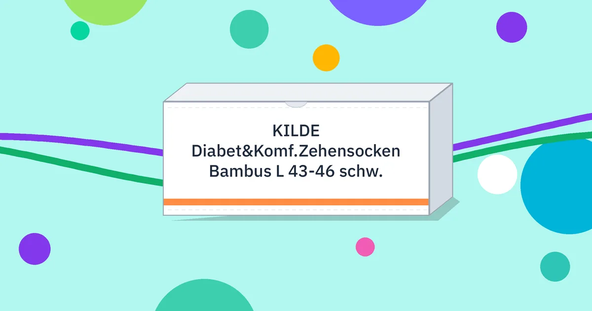 Symbolbild: Packung mit der Aufschrift KILDE Diabet&Komf.Zehensocken Bambus L 43-46 schw. (PZN 20798678) – Verfügbarkeit und Bezug in Apotheken in Frankfurt am Main