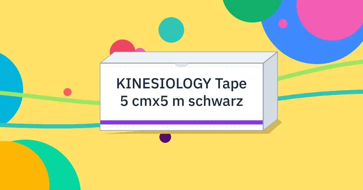 Symbolbild: Packung mit der Aufschrift KINESIOLOGY Tape 5 cmx5 m schwarz (PZN 06431712) – Verfügbarkeit und Bezug in Apotheken in Frankfurt am Main
