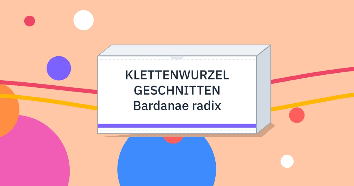 Symbolbild: Packung mit der Aufschrift KLETTENWURZEL GESCHNITTEN Bardanae radix (PZN 20953877) – Verfügbarkeit und Bezug in Apotheken in Frankfurt am Main