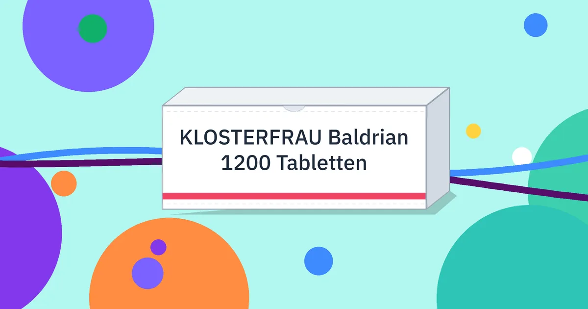 Symbolbild: Packung mit der Aufschrift KLOSTERFRAU Baldrian 1200 Tabletten (PZN 19276377) – Verfügbarkeit und Bezug in Apotheken in Frankfurt am Main