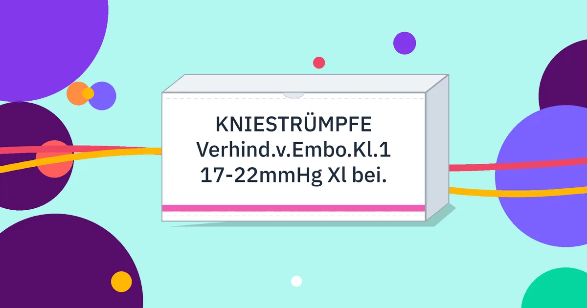 Symbolbild: Packung mit der Aufschrift KNIESTRÜMPFE Verhind.v.Embo.Kl.1 17-22mmHg Xl bei. (PZN 19072657) – Verfügbarkeit und Bezug in Apotheken in Frankfurt am Main