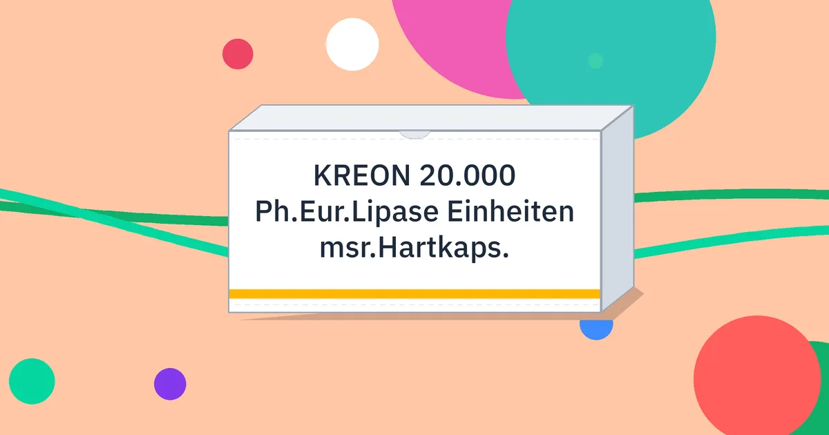 Symbolbild: Packung mit der Aufschrift KREON 20.000 Ph.Eur.Lipase Einheiten msr.Hartkaps. (PZN 14327644) – Verfügbarkeit und Bezug in Apotheken in Frankfurt am Main