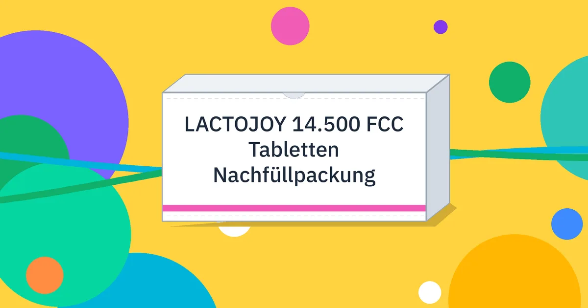 Symbolbild: Packung mit der Aufschrift LACTOJOY 14.500 FCC Tabletten Nachfüllpackung (PZN 13423446) – Verfügbarkeit und Bezug in Apotheken in Frankfurt am Main