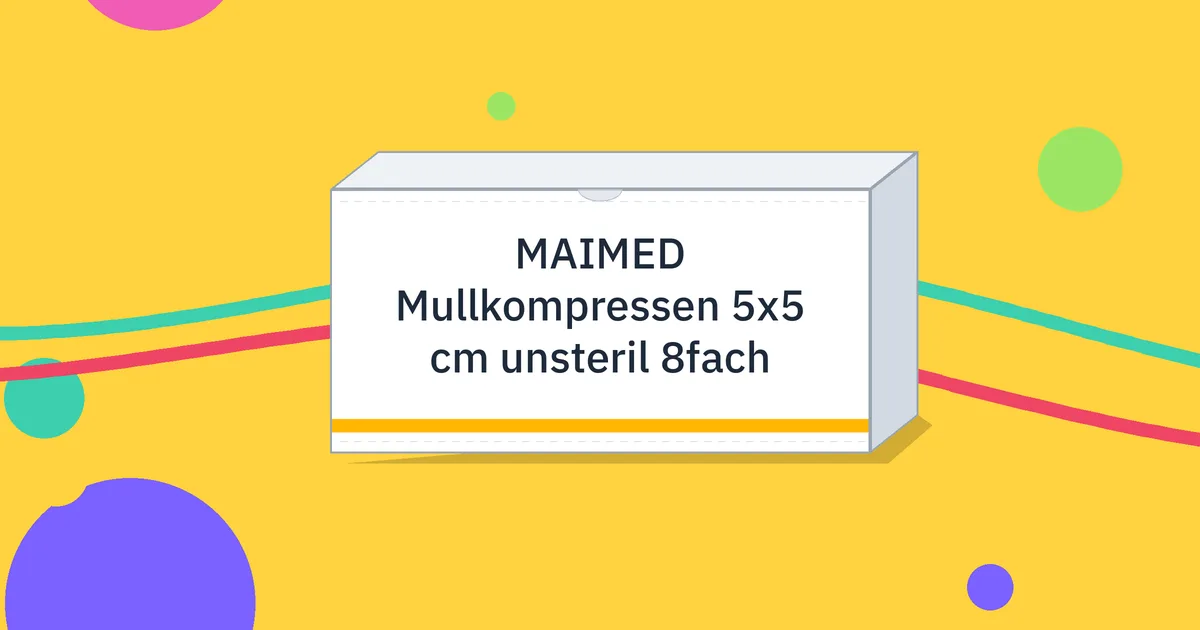 Symbolbild: Packung mit der Aufschrift MAIMED Mullkompressen 5x5 cm unsteril 8fach (PZN 01226976) – Verfügbarkeit und Bezug in Apotheken in Frankfurt am Main