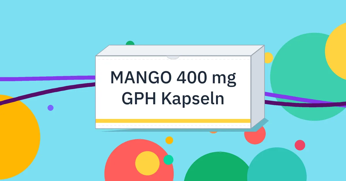 Symbolbild: Packung mit der Aufschrift MANGO 400 mg GPH Kapseln (PZN 03443465) – Verfügbarkeit und Bezug in Apotheken in Frankfurt am Main