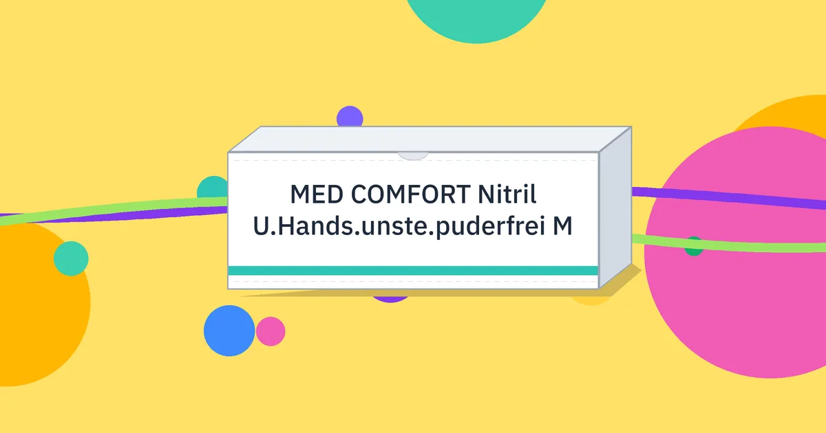 Symbolbild: Packung mit der Aufschrift MED COMFORT Nitril U.Hands.unste.puderfrei M (PZN 15582700) – Verfügbarkeit und Bezug in Apotheken in Frankfurt am Main