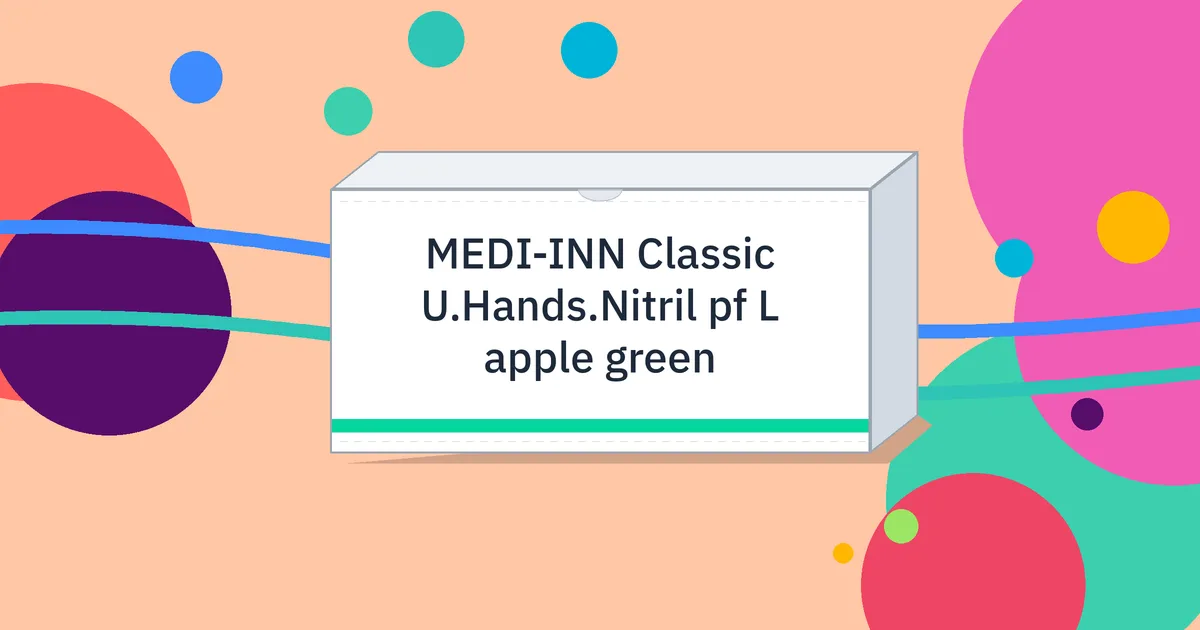 Symbolbild: Packung mit der Aufschrift MEDI-INN Classic U.Hands.Nitril pf L apple green (PZN 18445257) – Verfügbarkeit und Bezug in Apotheken in Frankfurt am Main