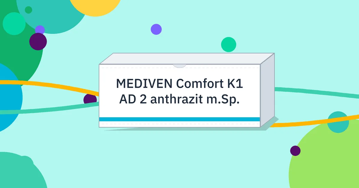 Symbolbild: Packung mit der Aufschrift MEDIVEN Comfort K1 AD 2 anthrazit m.Sp. (PZN 14558651) – Verfügbarkeit und Bezug in Apotheken in Frankfurt am Main