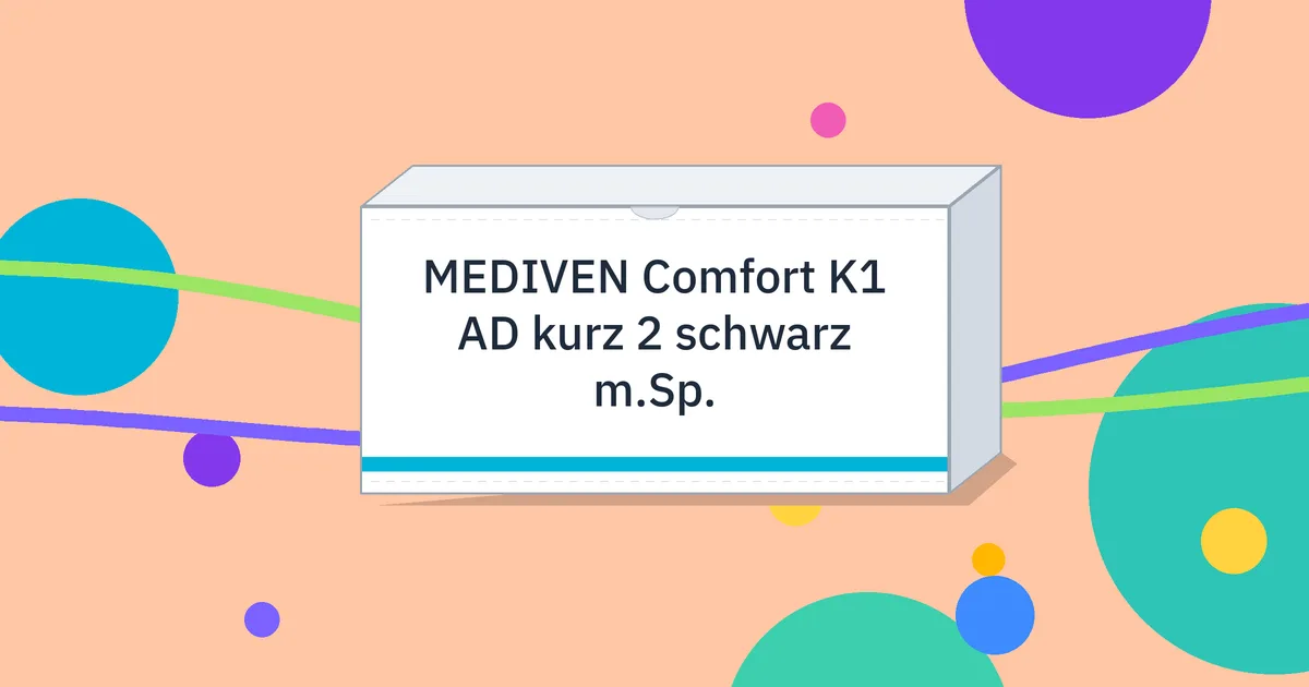 Symbolbild: Packung mit der Aufschrift MEDIVEN Comfort K1 AD kurz 2 schwarz m.Sp. (PZN 04418995) – Verfügbarkeit und Bezug in Apotheken in Frankfurt am Main
